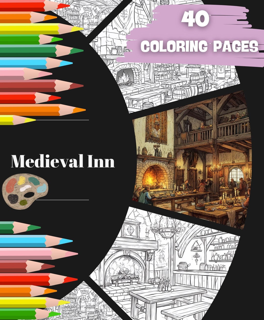 40 Medieval Inn Coloring Pages, Rustic Grayscale Interiors and Cozy ...