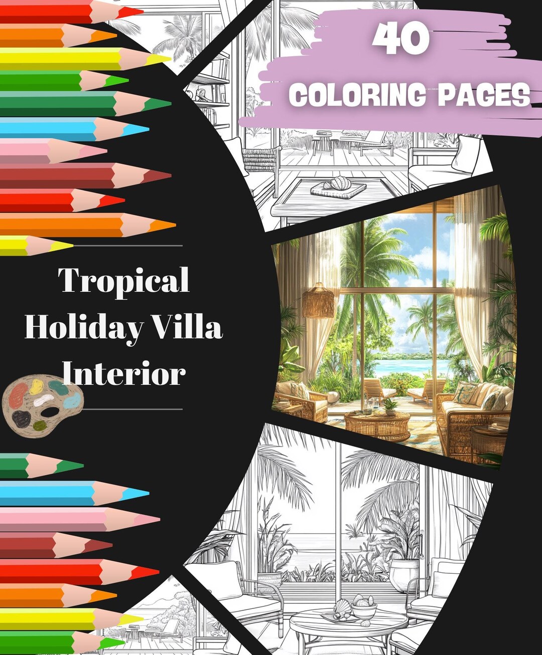 40 Tropical Holiday Villa Interior Coloring Pages, Grayscale Exotic ...