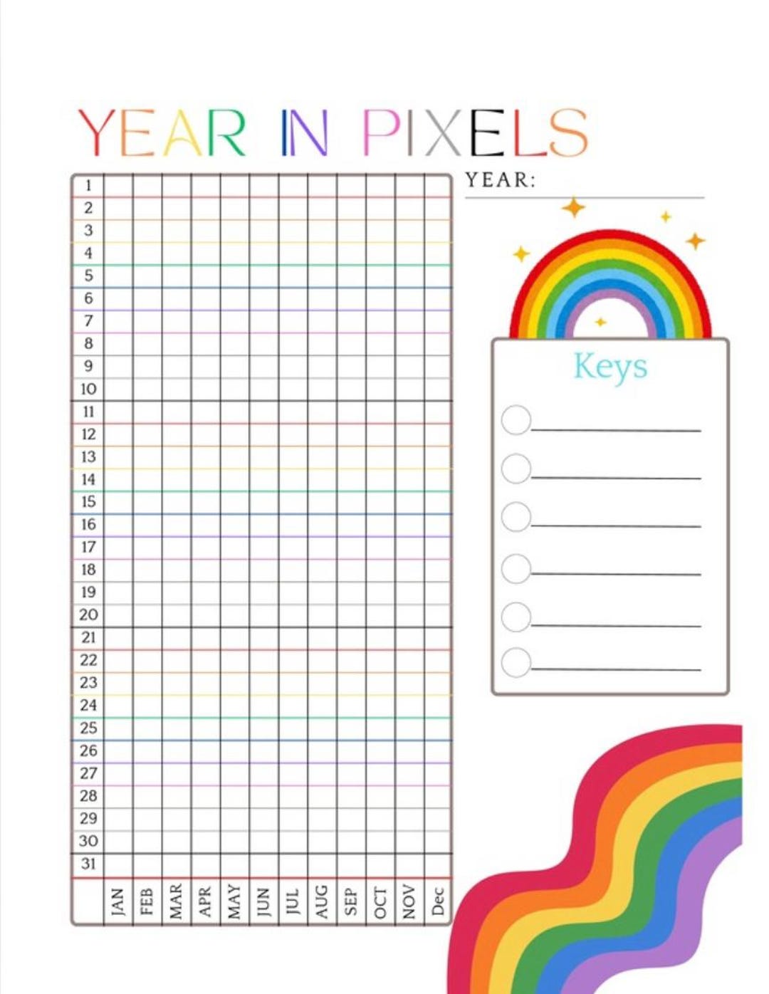 Rainbow Year in Pixels Mood Tracker | Printable Mental Health Tracker ...