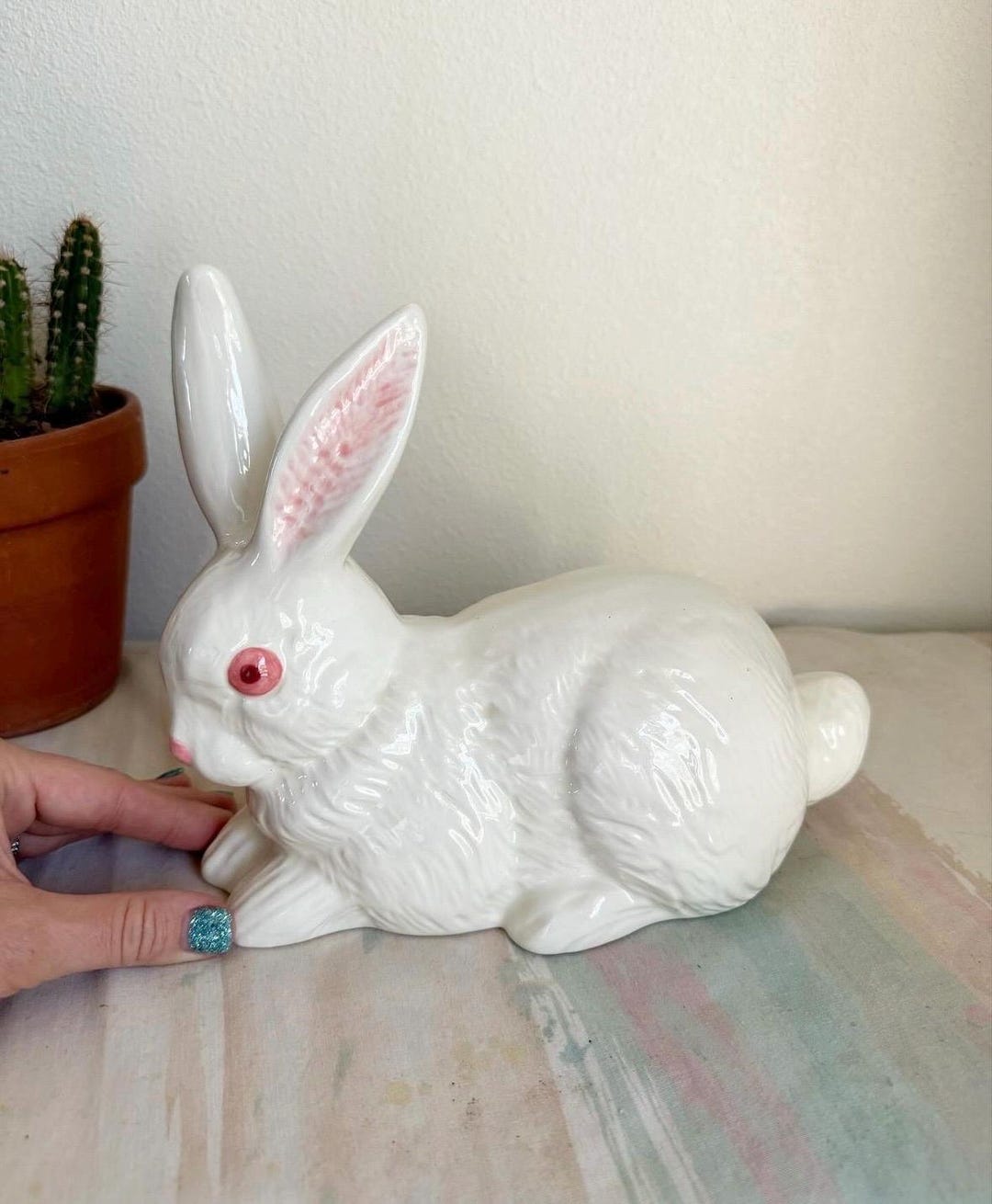 Large White Ceramic Rabbit With Pink Ears and Eyes/yard Ornament/key ...