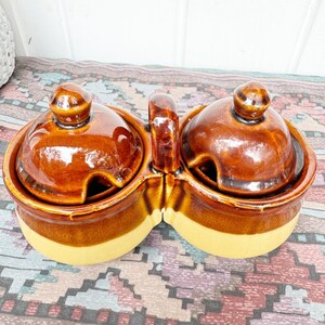 Vintage Houston Foods Double Tan & Brown Condiment Crockery Set. Jam ...