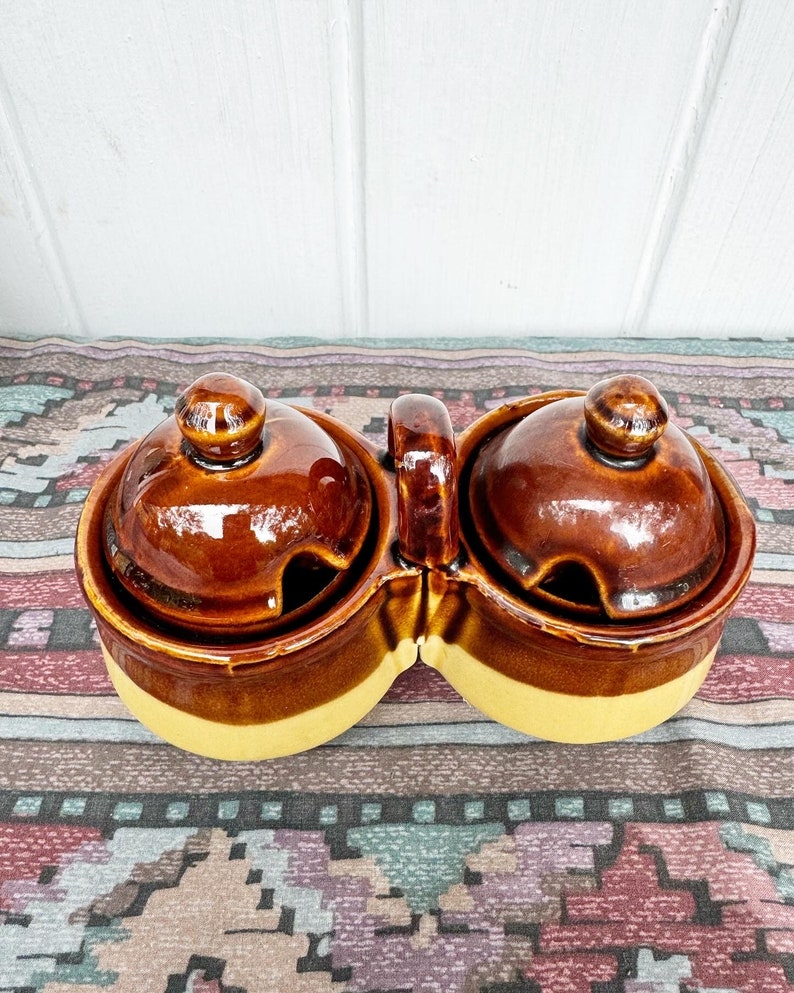 Vintage Houston Foods Double Tan & Brown Condiment Crockery Set. Jam ...