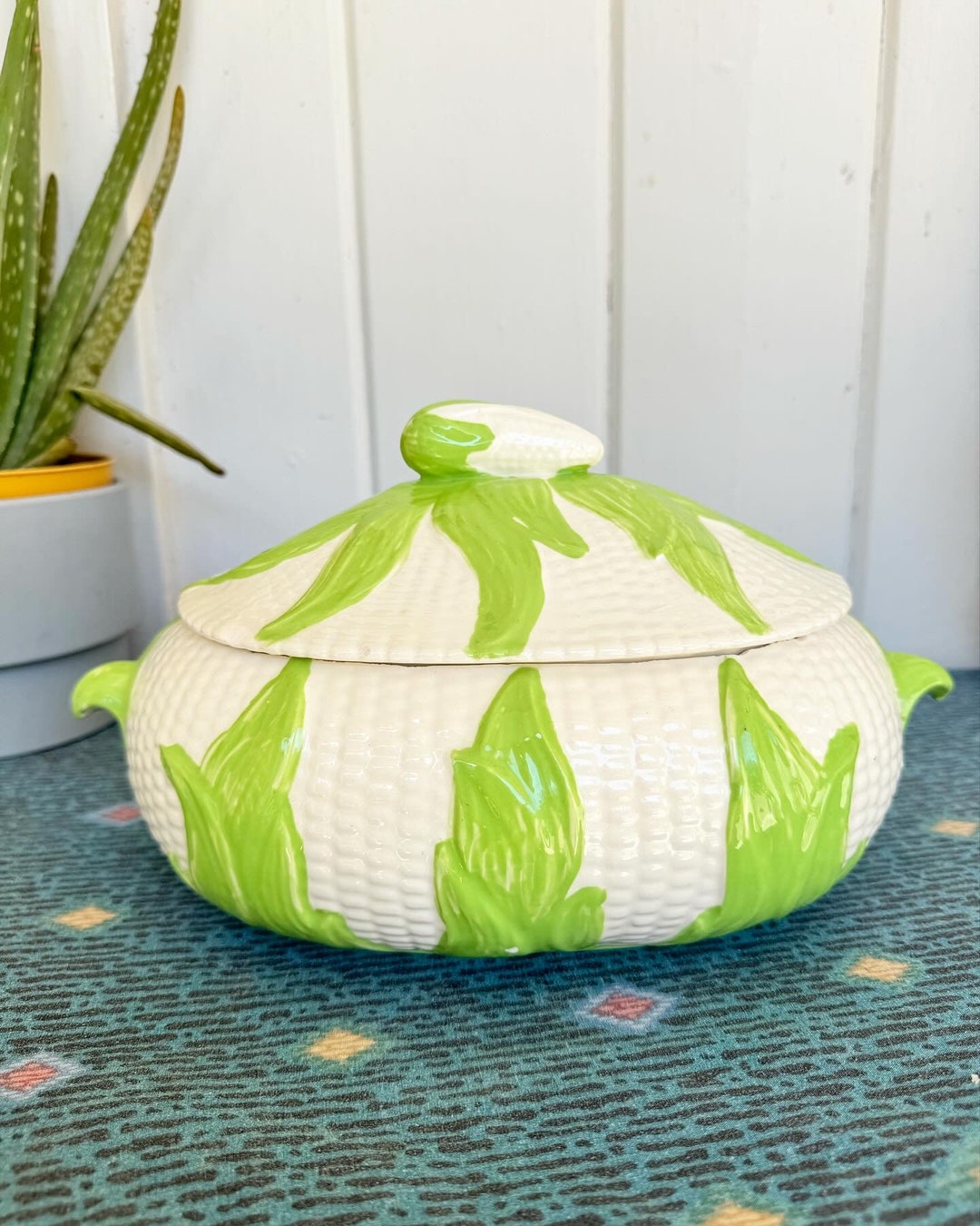 Vintage Ceramic Lidded Corn Casserole Dish. White and Green Corn on the ...