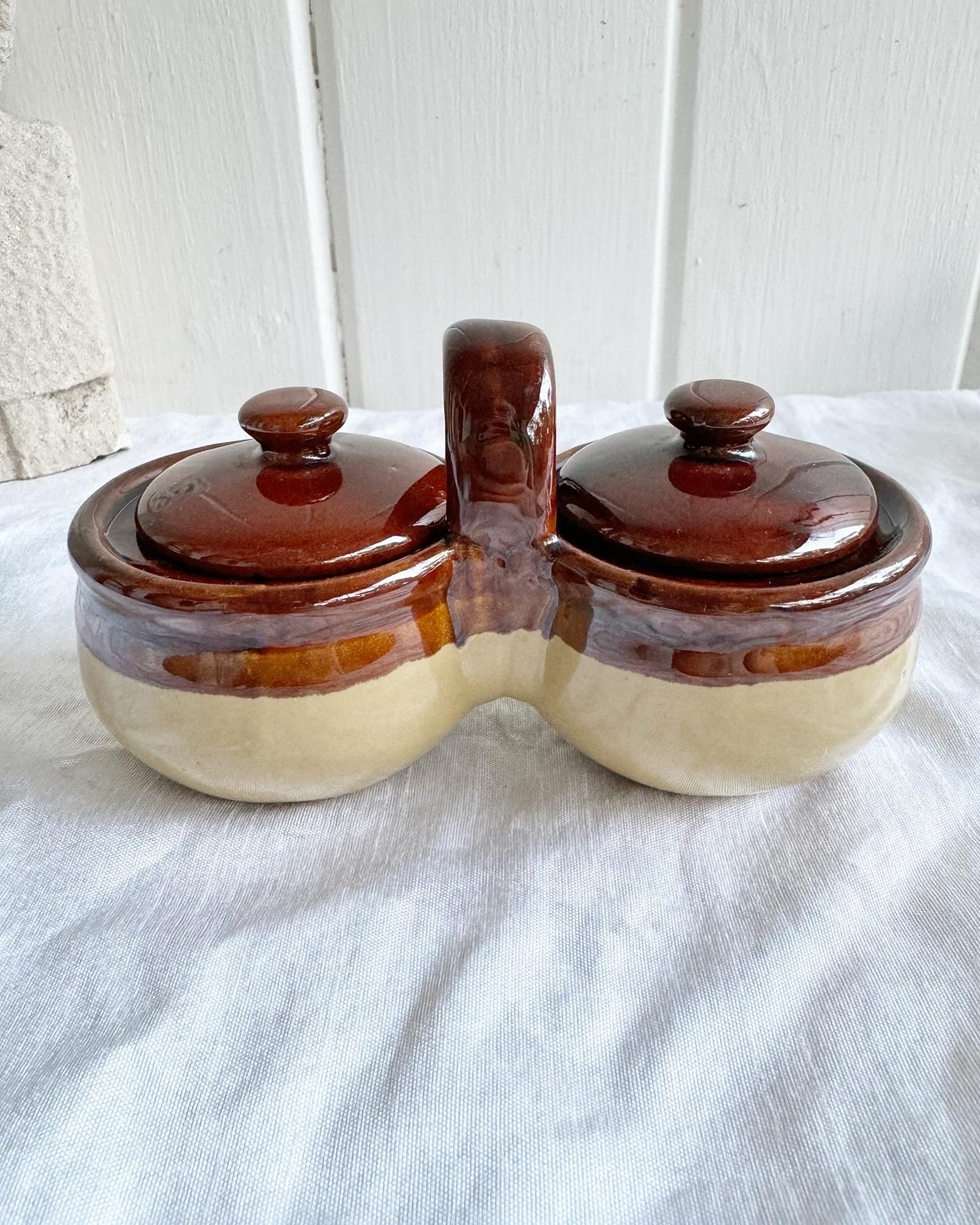 Vintage Stoneware Brown Condiment Jar With Lids. Salt and Pepper Pig ...