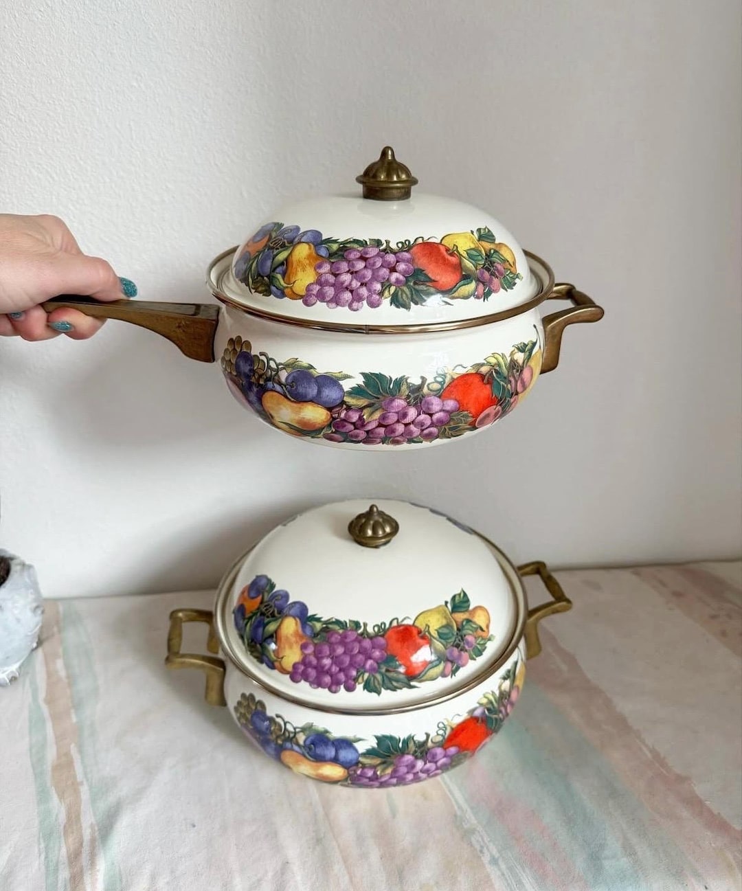 Vintage Dutch Oven and Sauce Pan Fruitful Cornucopia Enamel Pot, Brass ...