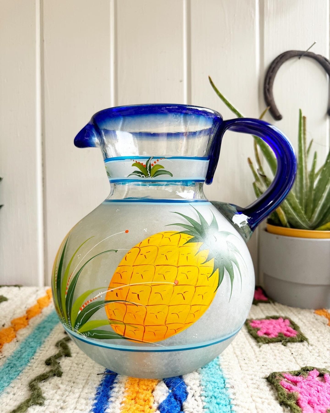 Large Tropical Hand Painted Frosted Glass Pitcher With Pineapple Agave ...