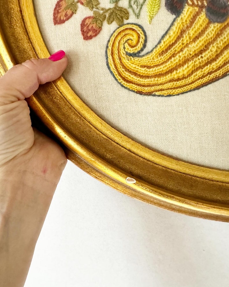 Large Vintage Oval Cornucopia Crewel Needlepoint in Green of Wood Frame ...