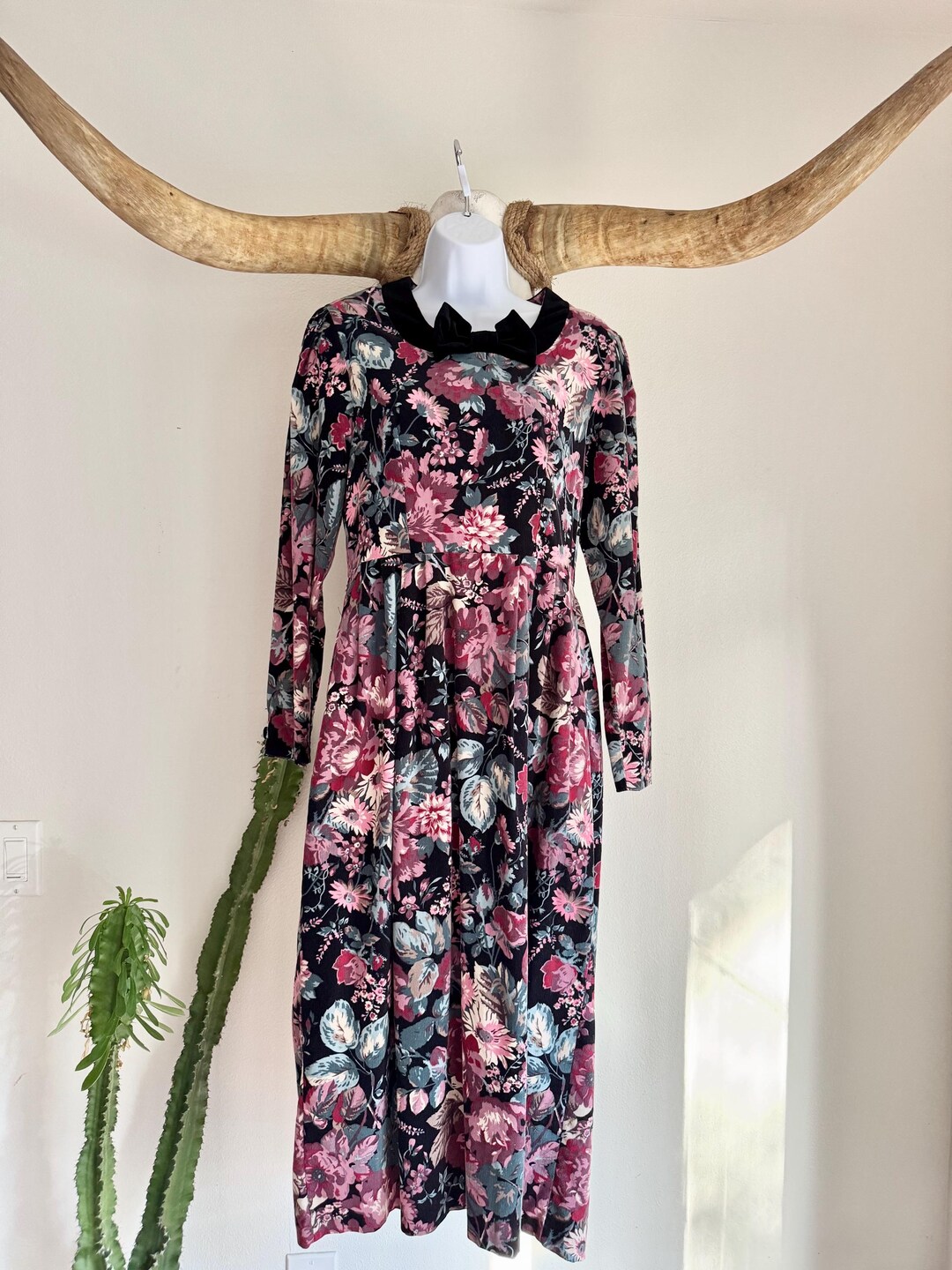 Vintage 80s Laura Ashley Cottage Core Black Floral Corduroy Dress With ...