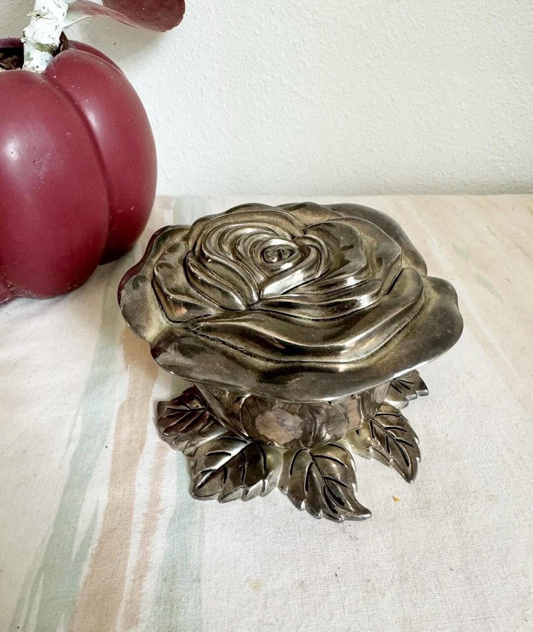 Vintage Silverplate Godinger Rose Shape Box Flower Art Nouveau Jewelry ...