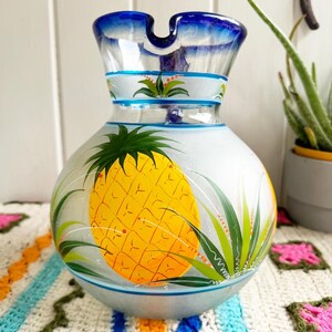 Large Tropical Hand Painted Frosted Glass Pitcher With Pineapple Agave ...
