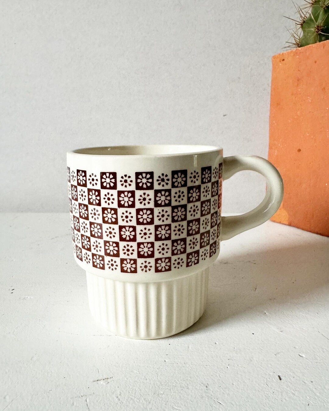 Mid Century Mod Coffee Tea/mug Checker Pattern Brown Floral. Restaurant ...
