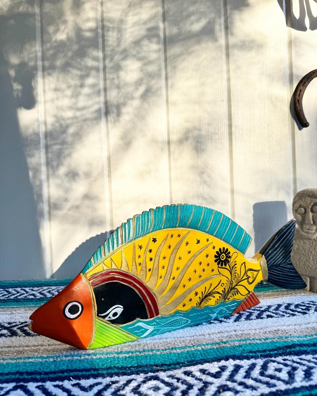 Vintage Hand Painted Mexican Folk Art Wood Fish Hand Carved Hand ...