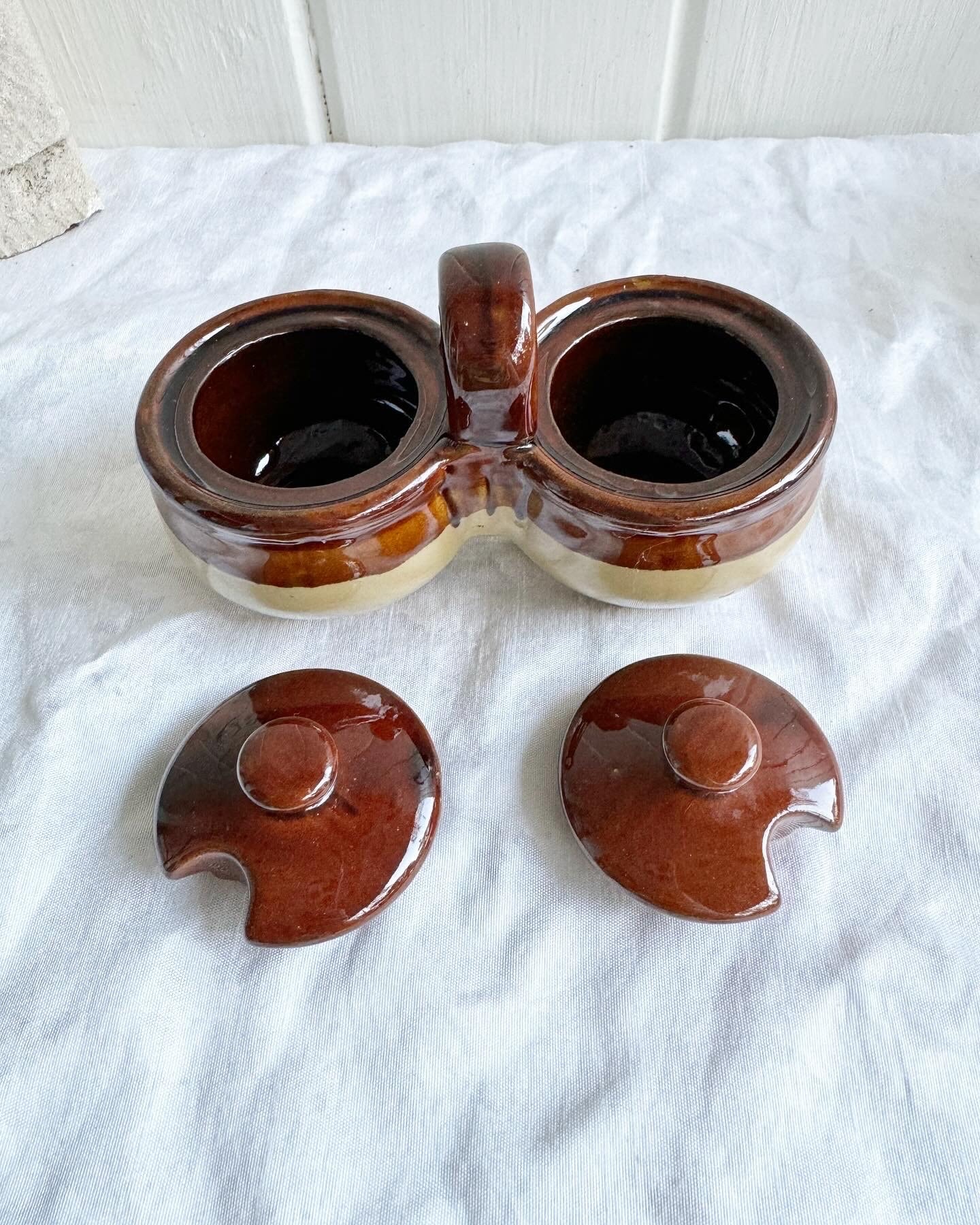 Vintage Stoneware Brown Condiment Jar With Lids. Salt and Pepper Pig ...