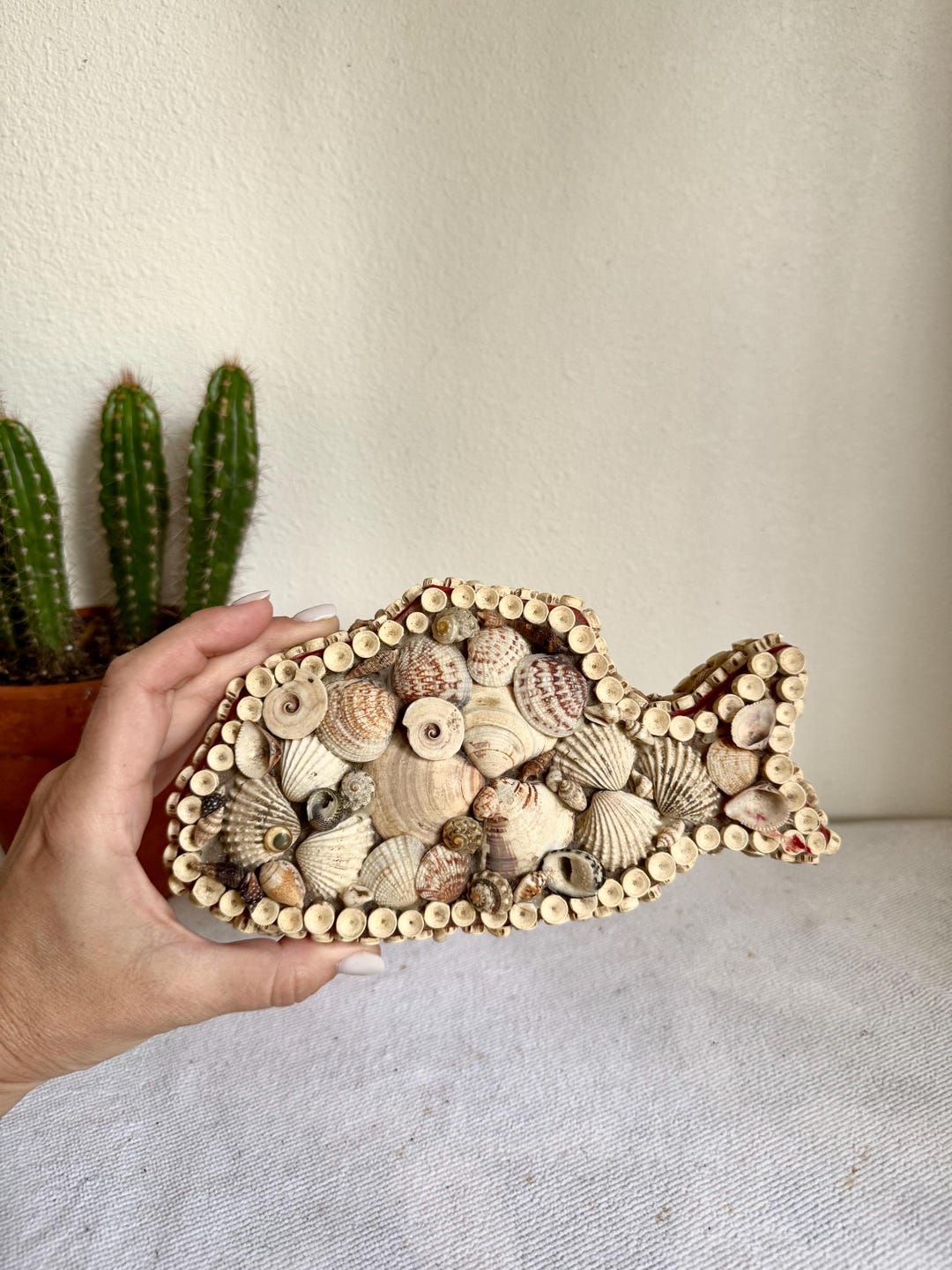 Vintage Large Fish Seashell Trinket Jewelry Box Velvet Lined Beach ...