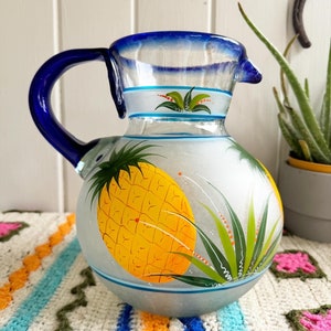 Large Tropical Hand Painted Frosted Glass Pitcher With Pineapple Agave ...