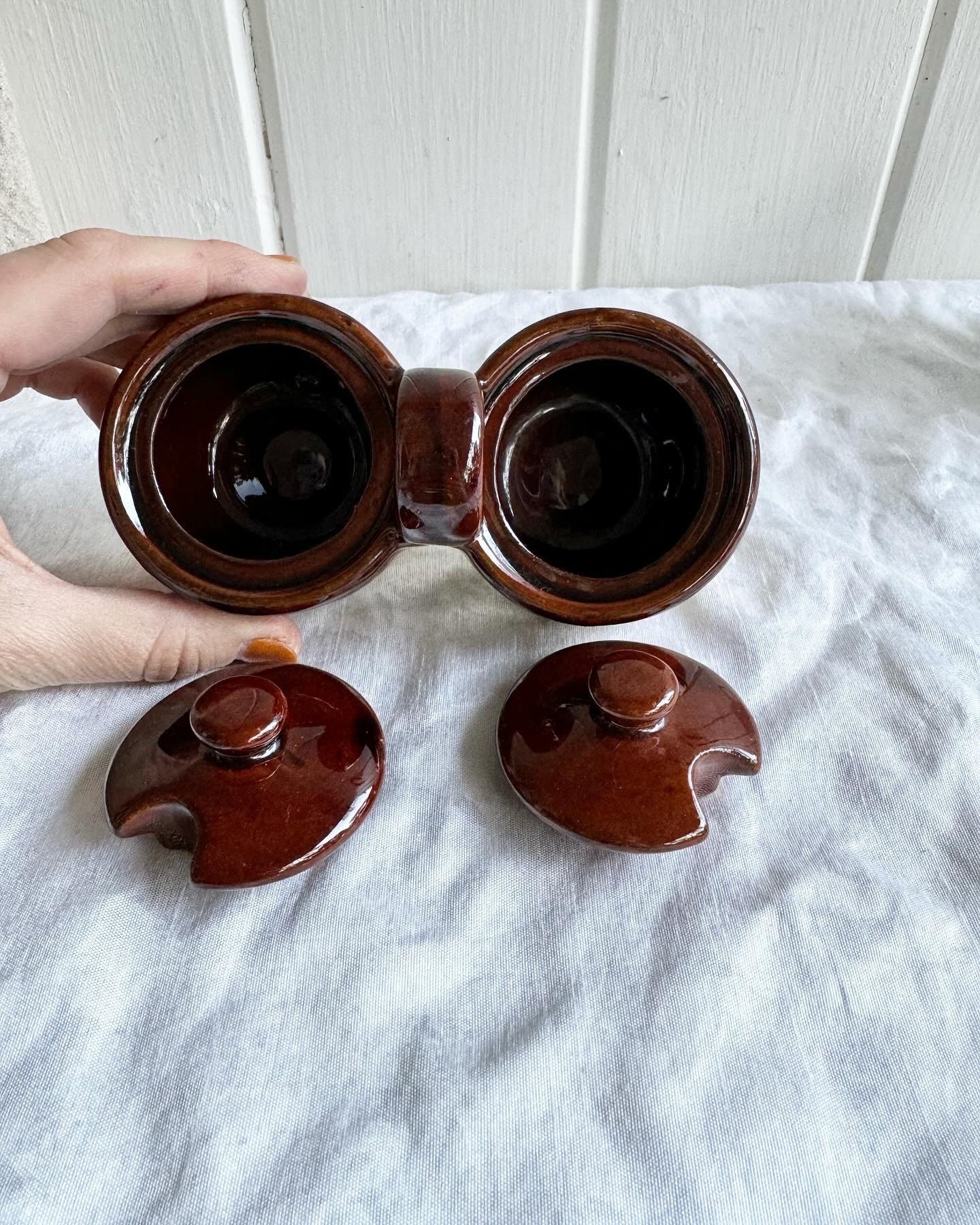 Vintage Stoneware Brown Condiment Jar With Lids. Salt and Pepper Pig ...