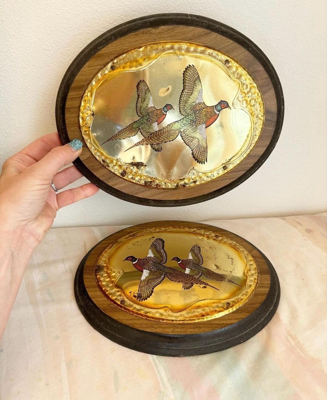 Vintage Pair of Pheasant Plaques Brass and Wood Man Cave Cabin Hunting ...