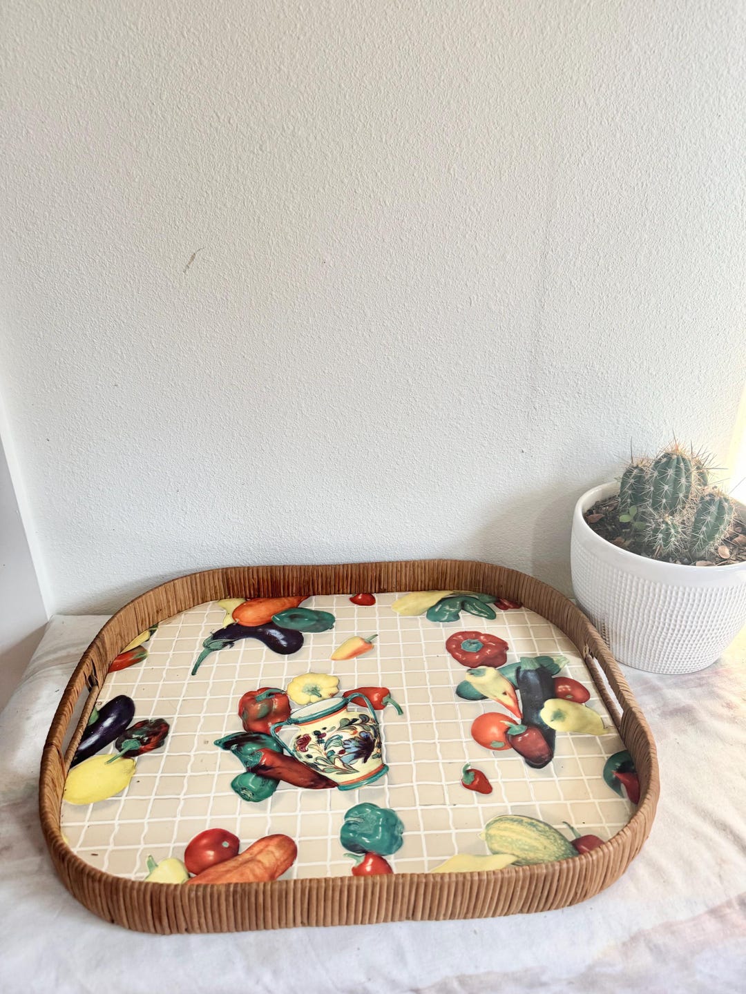 Vintage Retro Tray With a Vegetable and Vase Plastic Cover Base. Wood ...