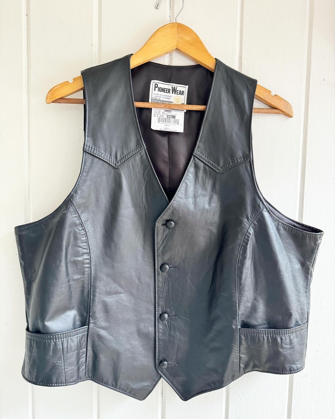 Men’s Vintage Black Leather Pioneer Wear Vest. Size 46 Leather Vest ...