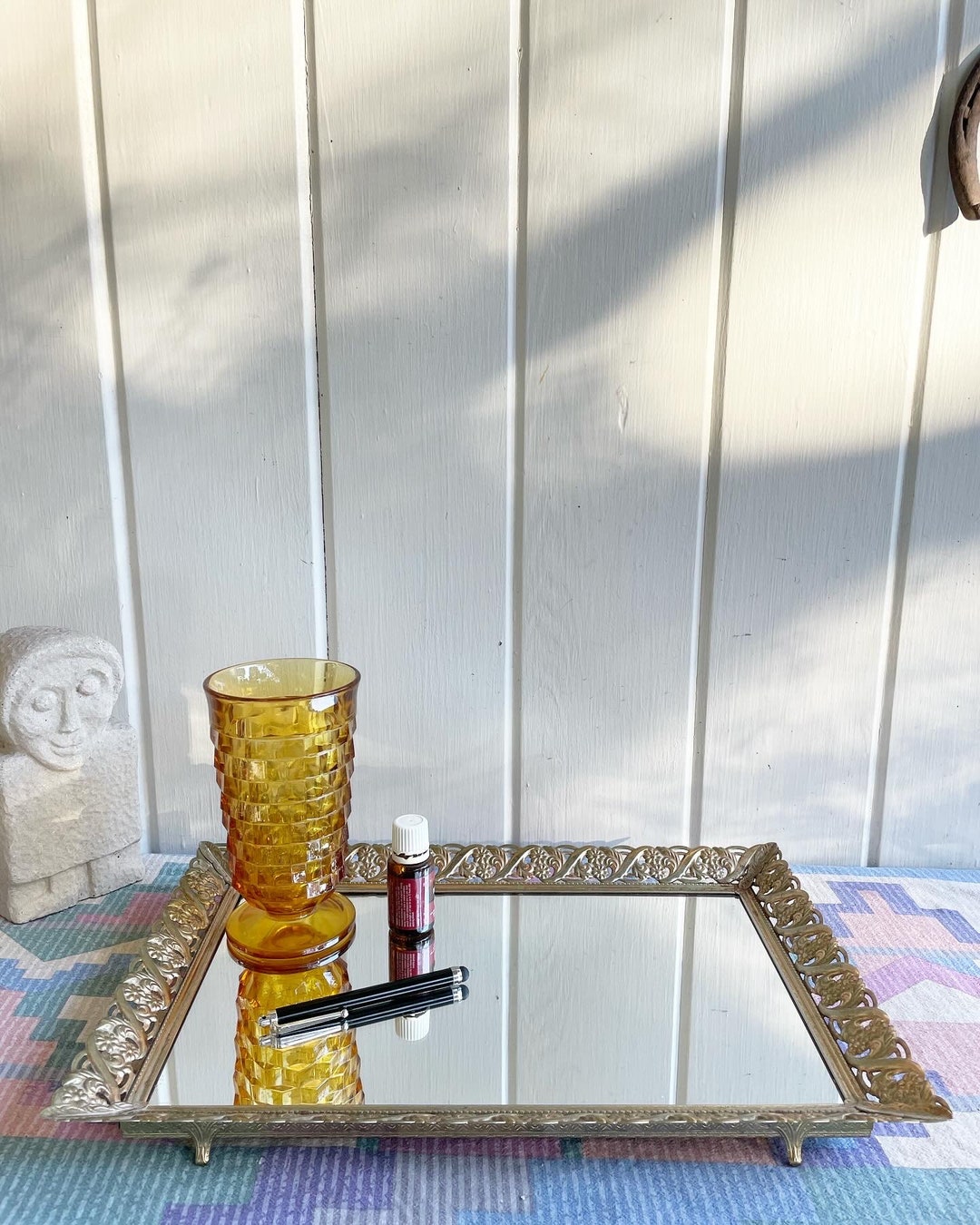 Vintage Rectangular Gold Metal Mirror Vanity Tray. Hollywood Regency ...