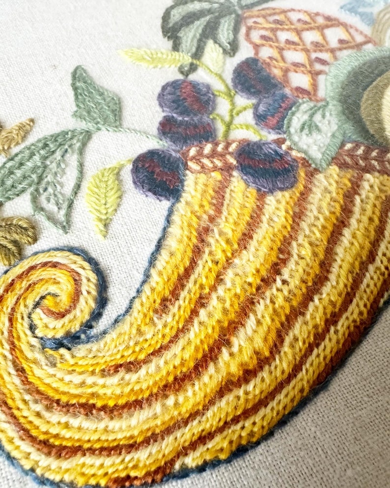 Large Vintage Oval Cornucopia Crewel Needlepoint in Green of Wood Frame ...