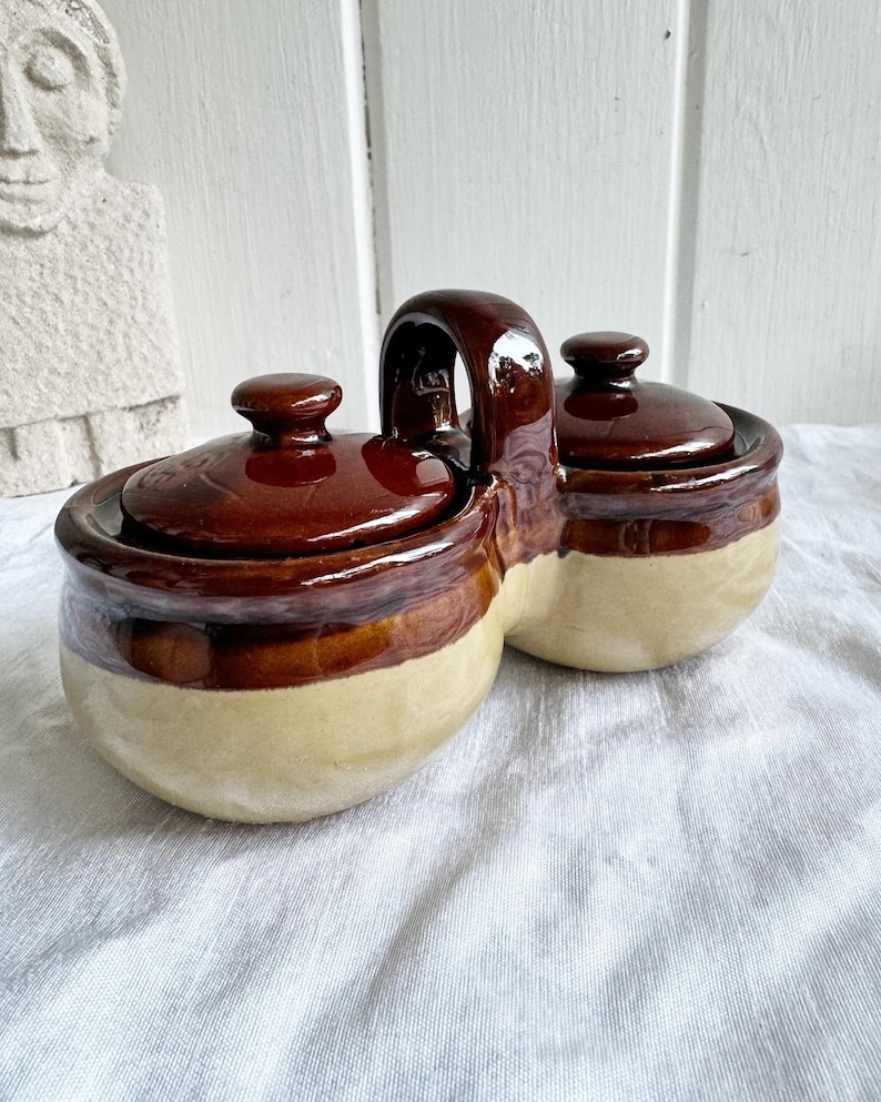 Vintage Stoneware Brown Condiment Jar With Lids. Salt and Pepper Pig ...