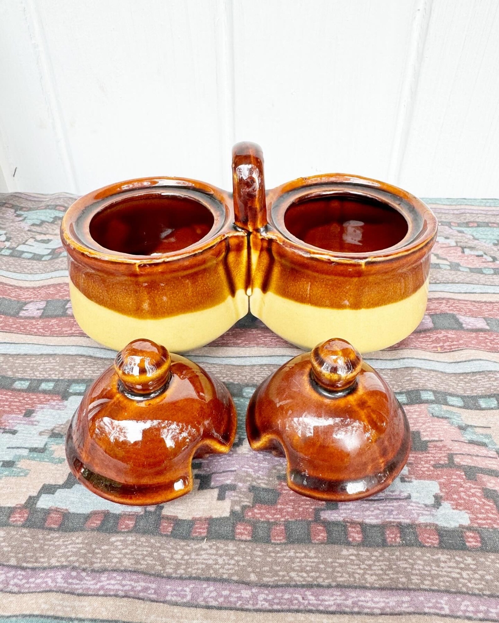 Vintage Houston Foods Double Tan & Brown Condiment Crockery Set. Jam ...