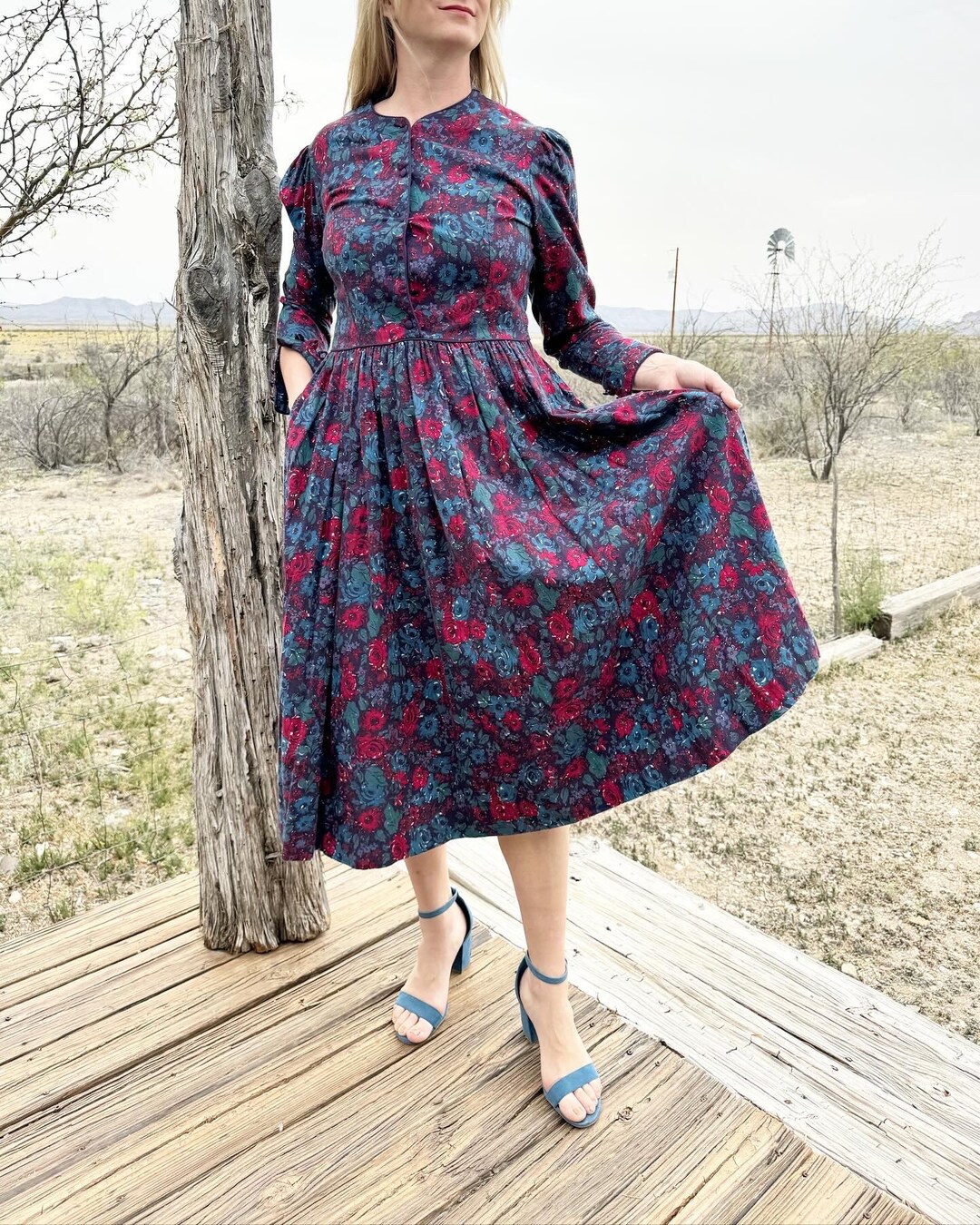 Vintage Dark Floral Dress. Frontier Dress. Red, Blue, Violet Flowers on ...