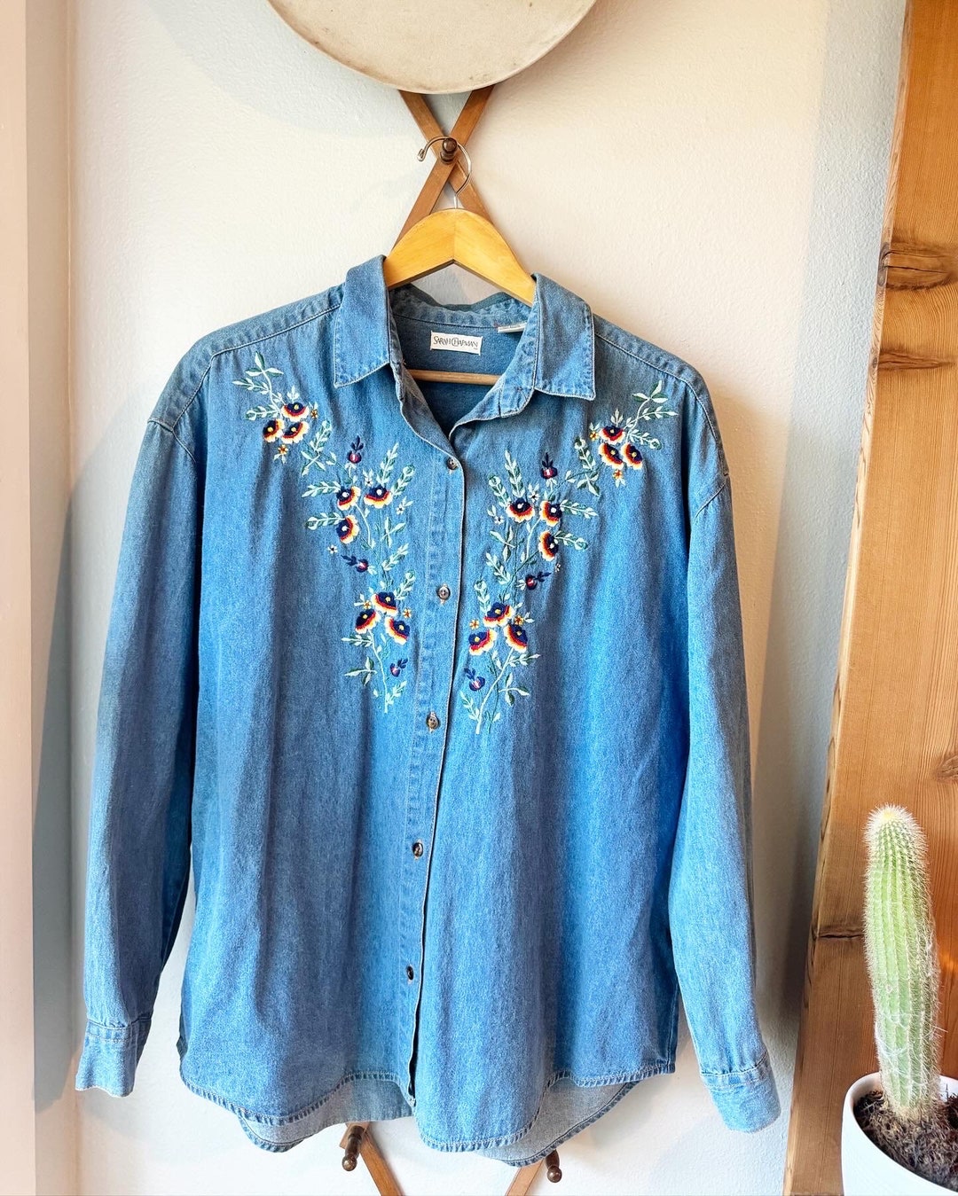 Vintage Sarah Chapman Embroidered Flower Denim Long Sleeve Shirt. Boho ...