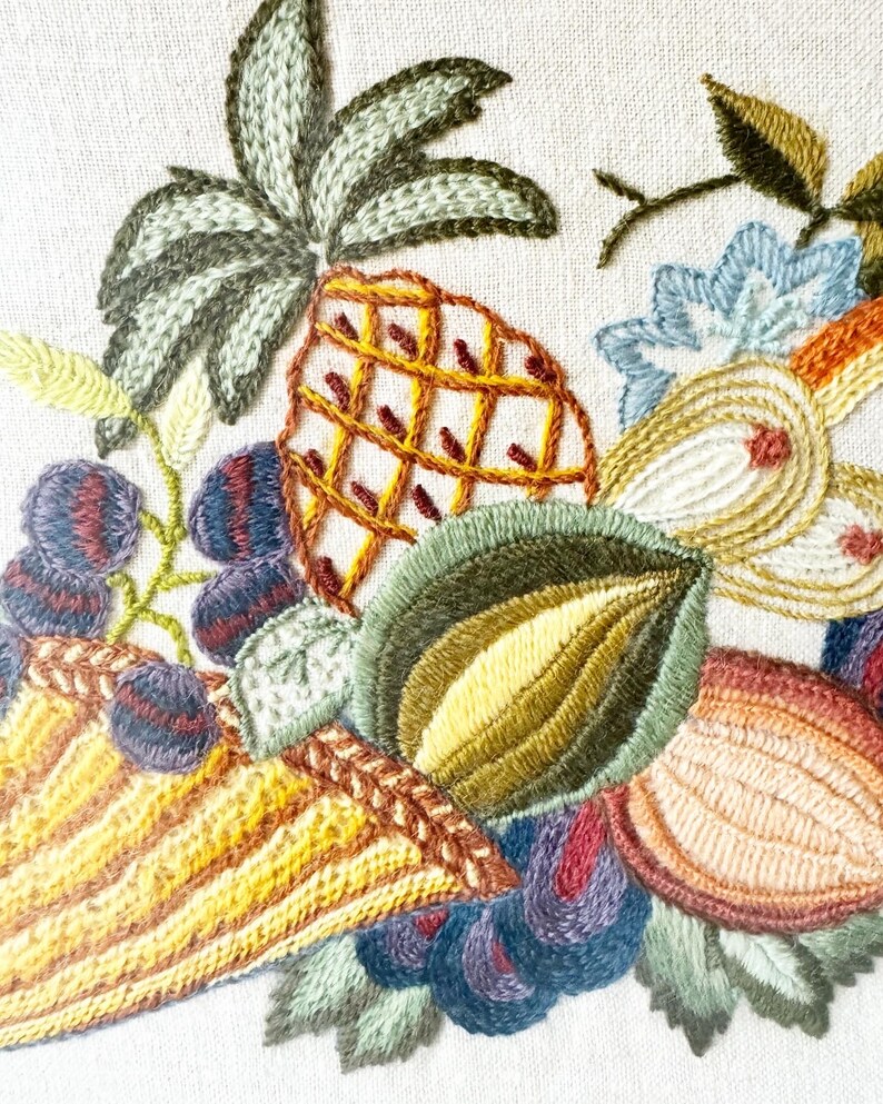 Large Vintage Oval Cornucopia Crewel Needlepoint in Green of Wood Frame ...