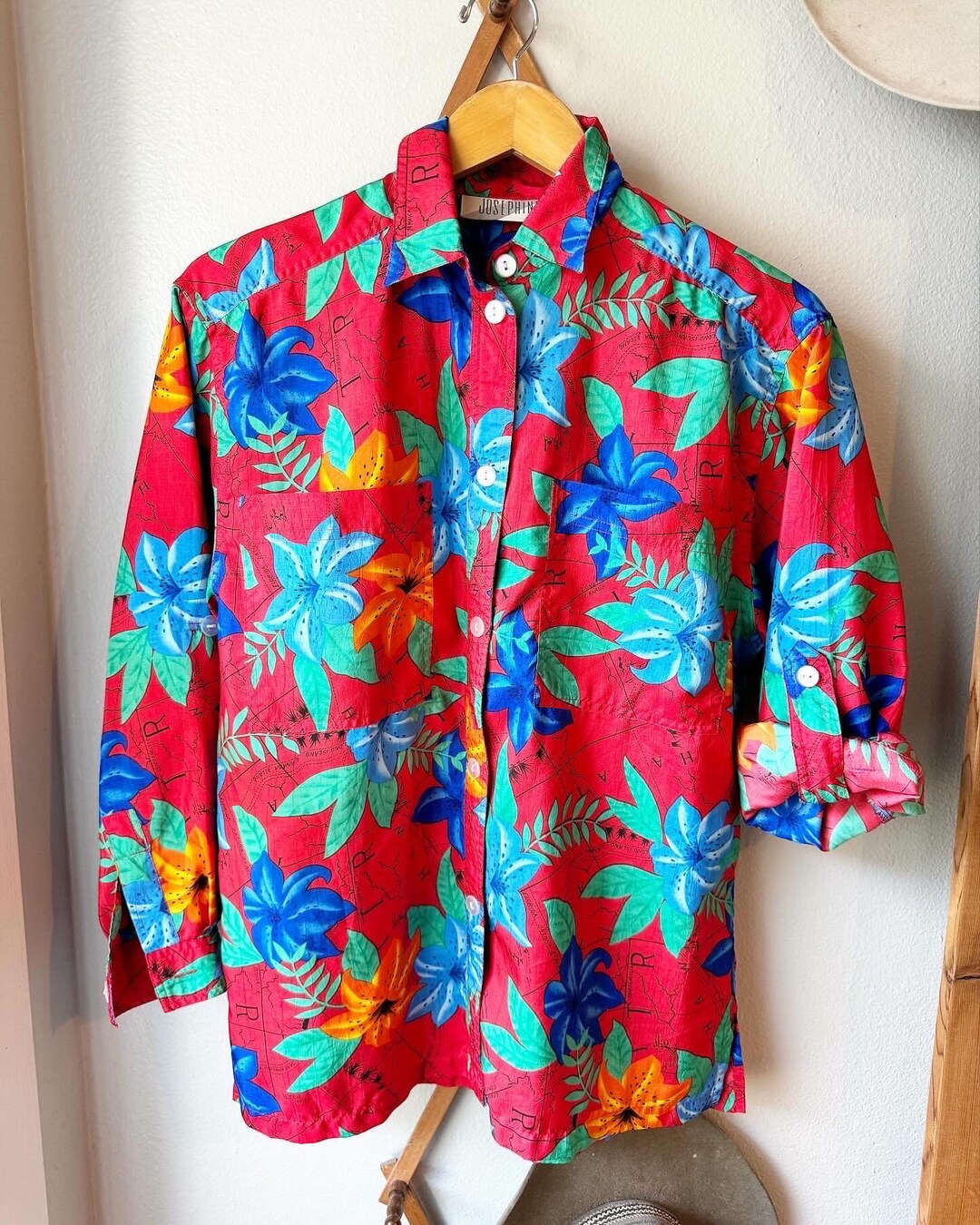 Vintage Beautiful Red Tropical Josephine Brand Button up Small Blouse ...