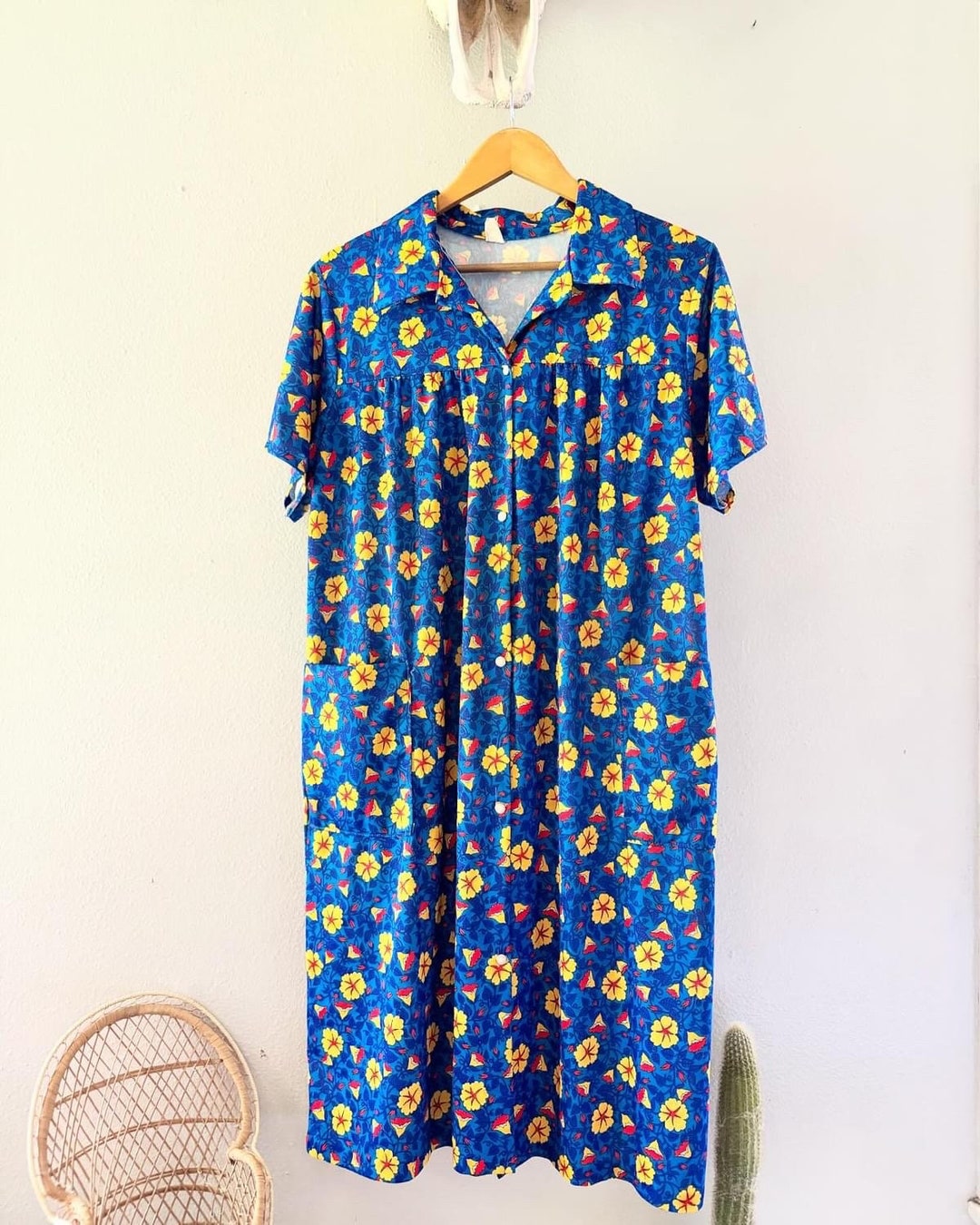 Retro Funky Floral Vintage Snap Button House Dress. Yellow and Red ...