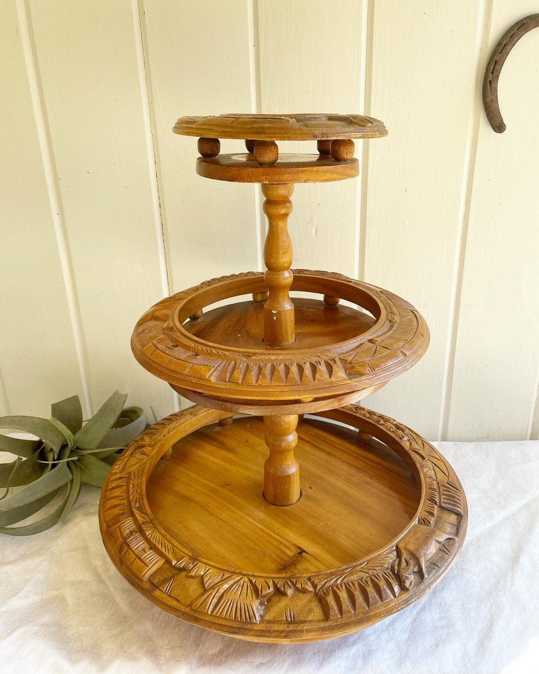 Vintage Philippines Hand Carved Monkey Pod Lazy Susan. Vintage Mid ...