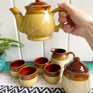 Vintage Three Toned Brown Tea Set With Pitcher, Sugar, Creamer, and 4 ...