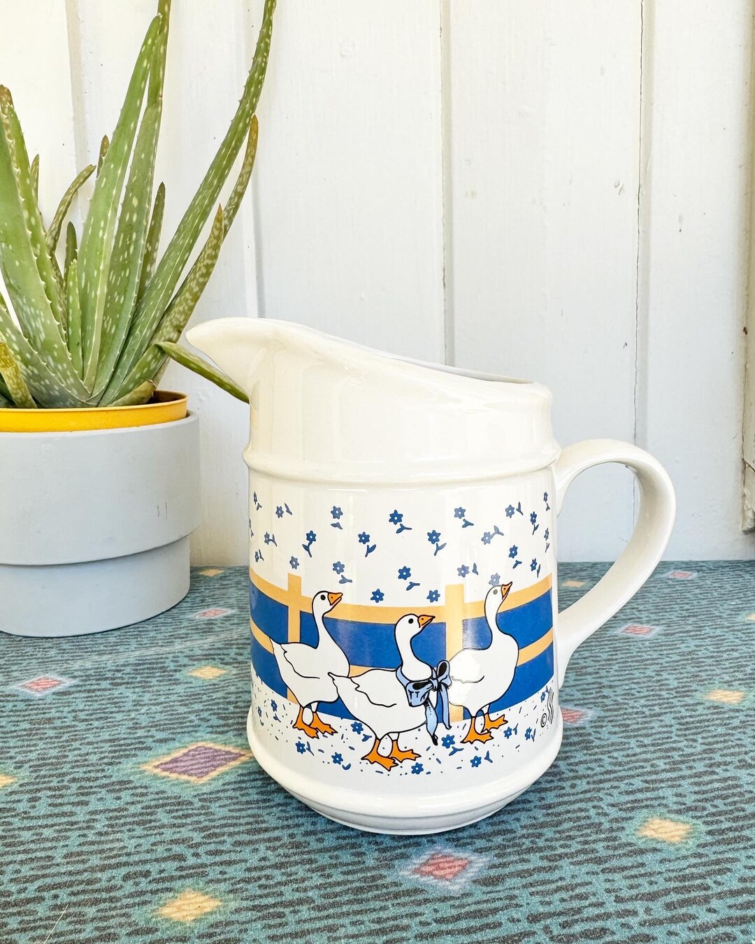 Vintage Goose Ceramic Handled Pitcher. Farmhouse Kitchen. Blues, Orange ...