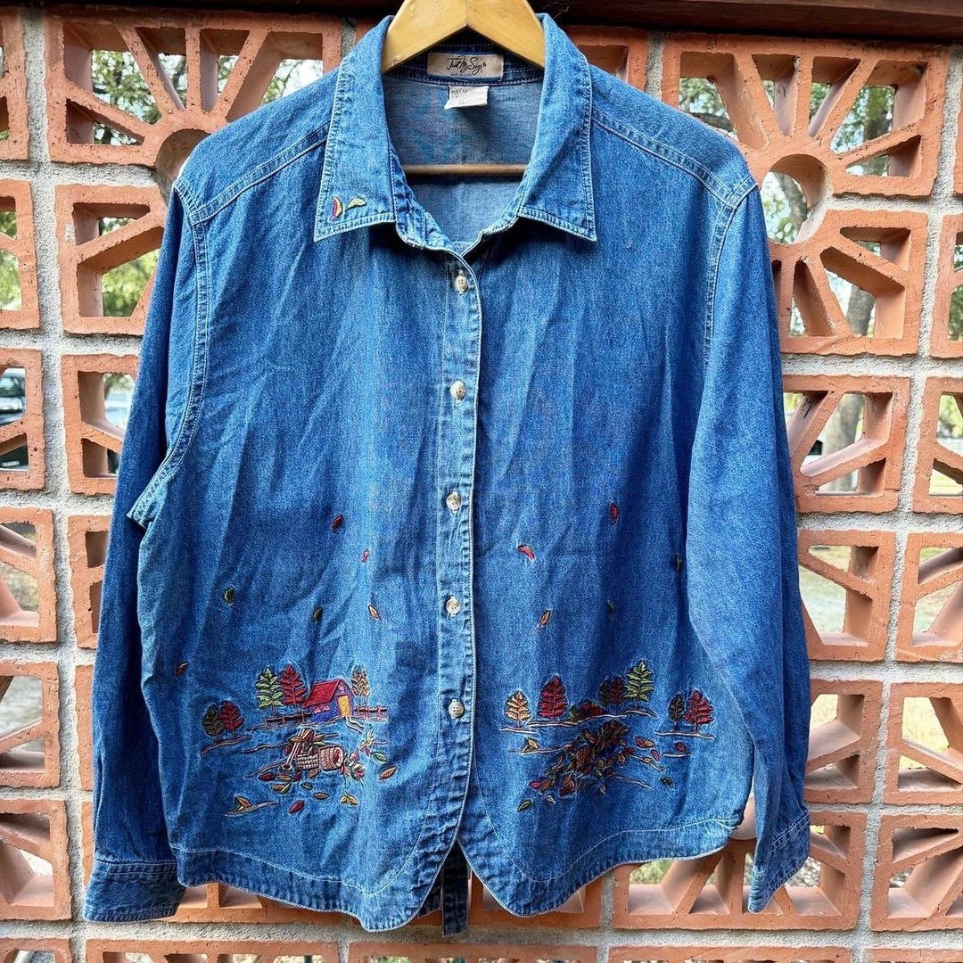 Vintage Fall Denim Leave Embroidered Shirt by Just My Size Denim ...