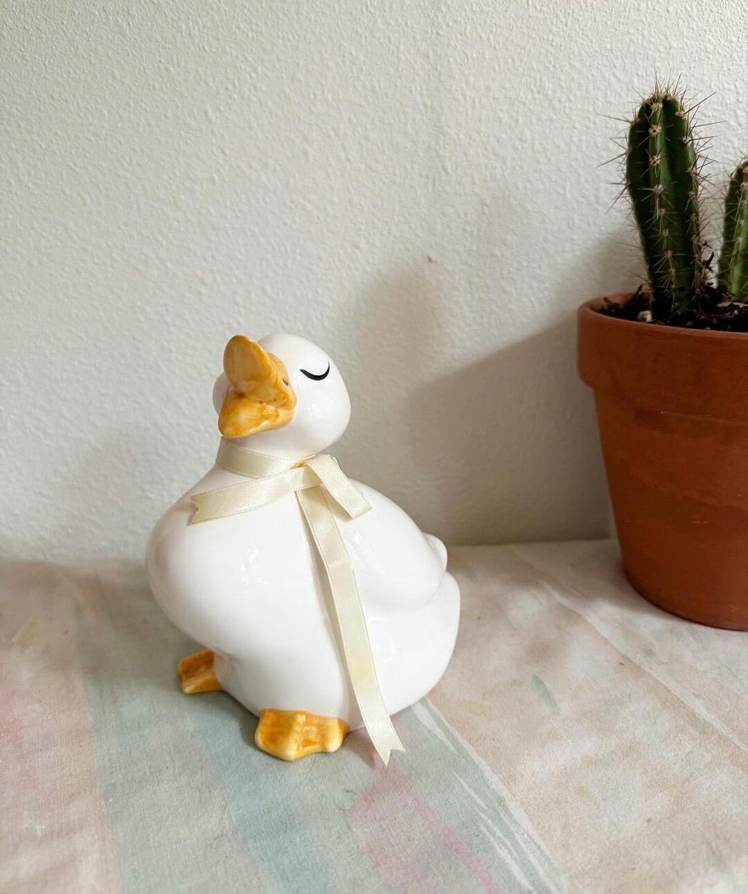 Vintage Ceramic Duck Statue With Cream Bow. Country Duck. Taiwan ROC ...