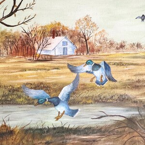 Vintage Duck Marsh Landscape. Painting of Ducks Landing in a Pond ...