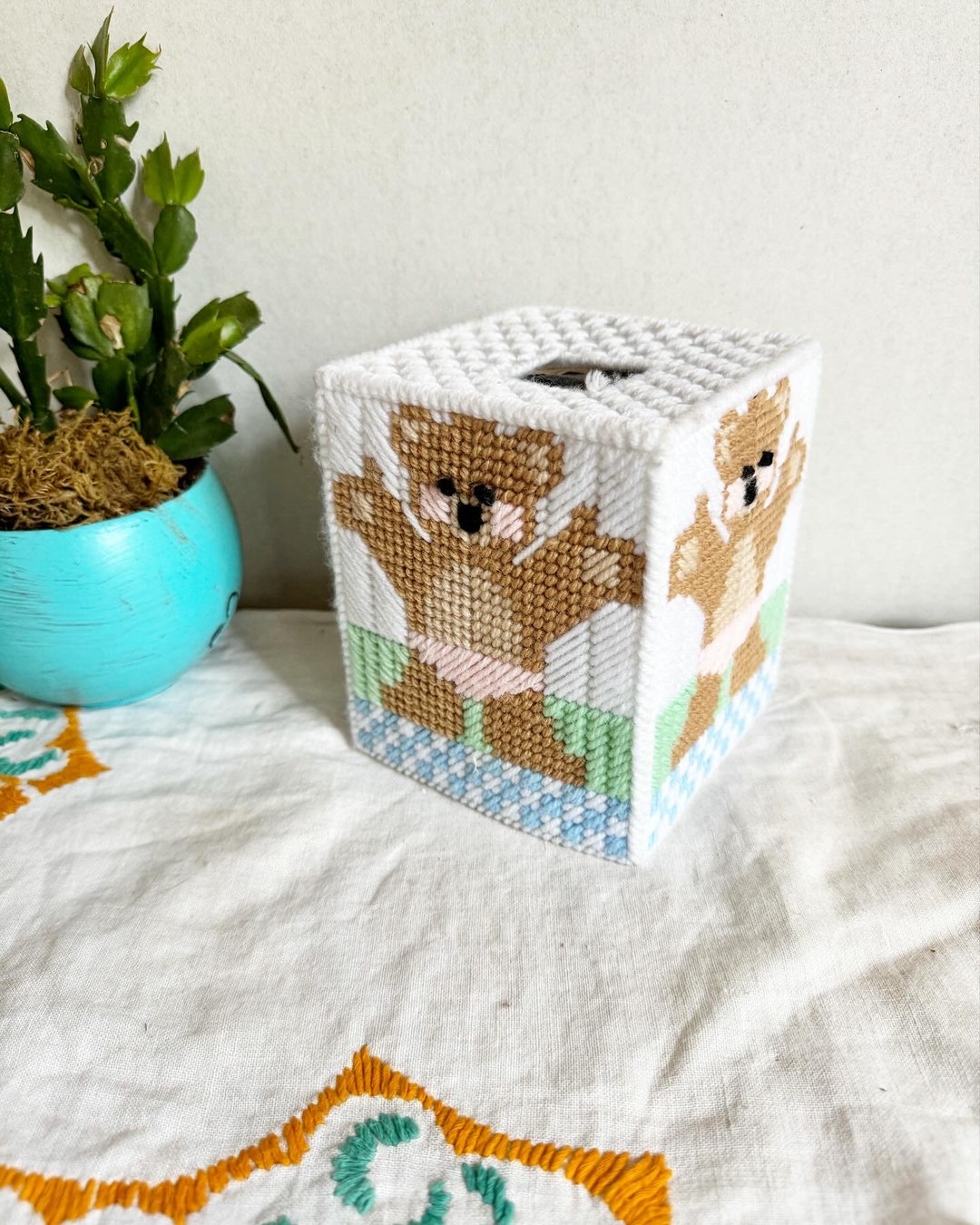 Vintage Teddy Bear Tissue Box Cover. Nursery Bear Needlepoint Tissue ...