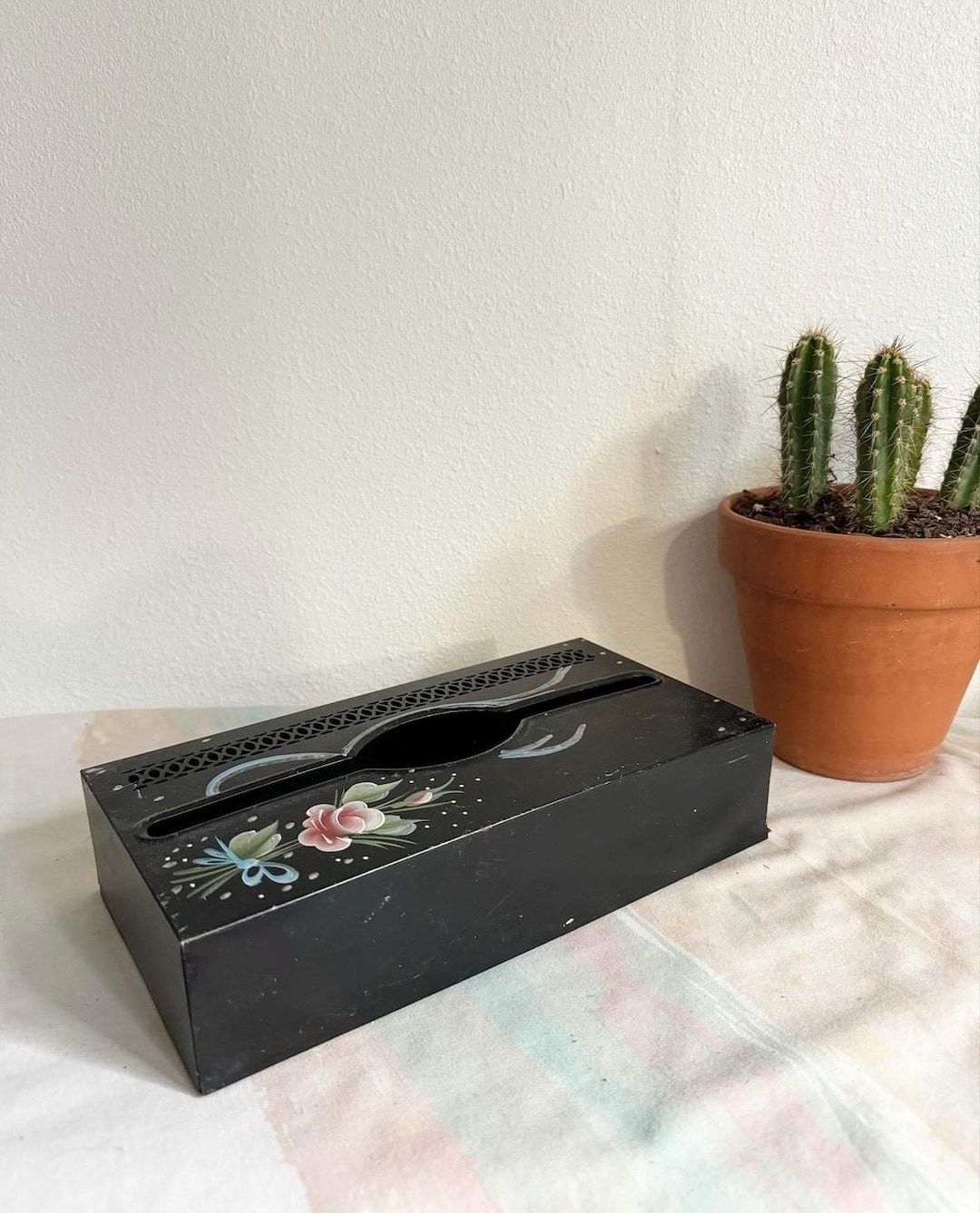Vintage Black Toleware Metal Tissue Box Holder Rectangular Hanging ...