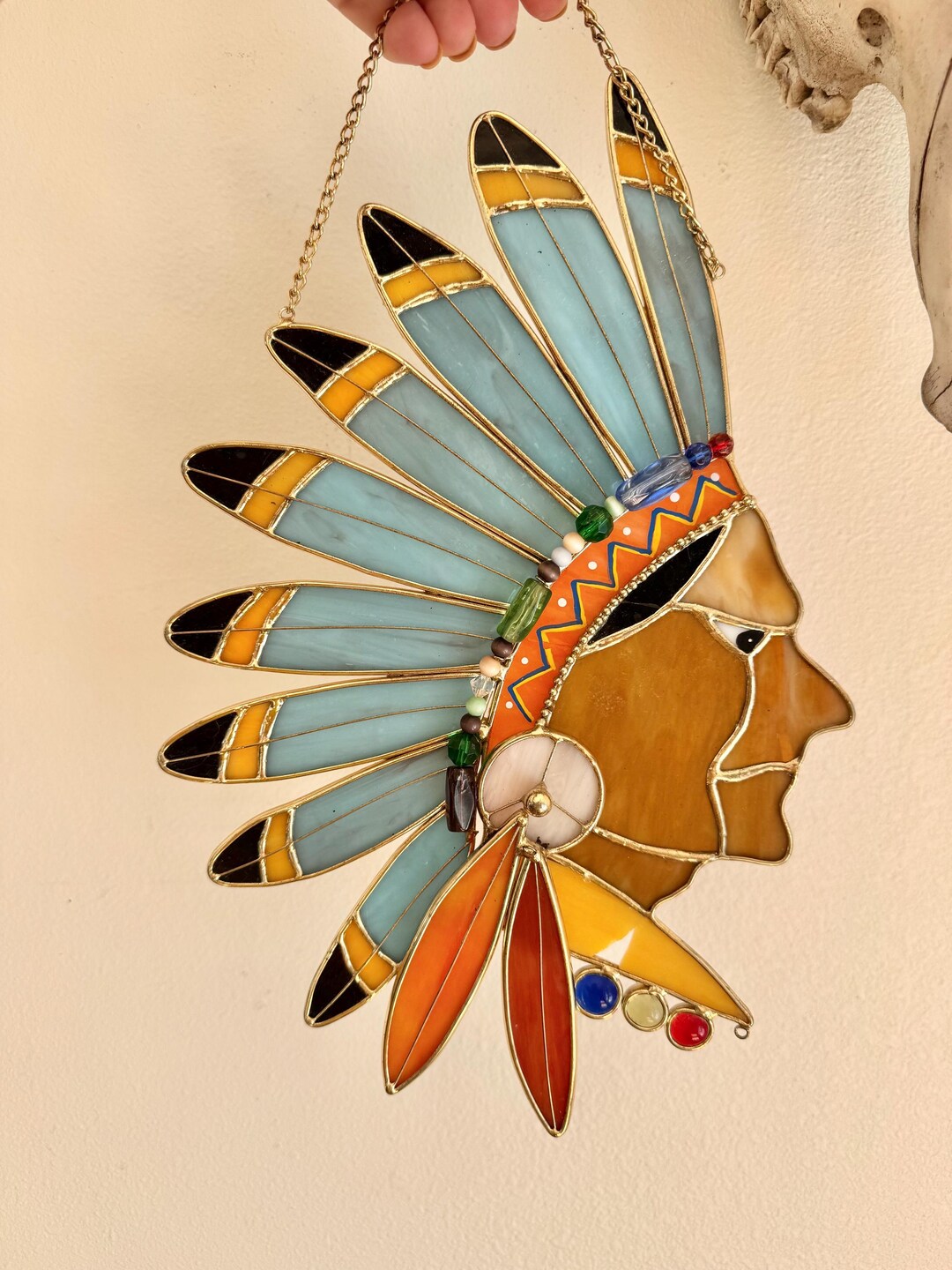 Vintage Sun Catcher Stained Glass Style Acrylic Native American Indian ...