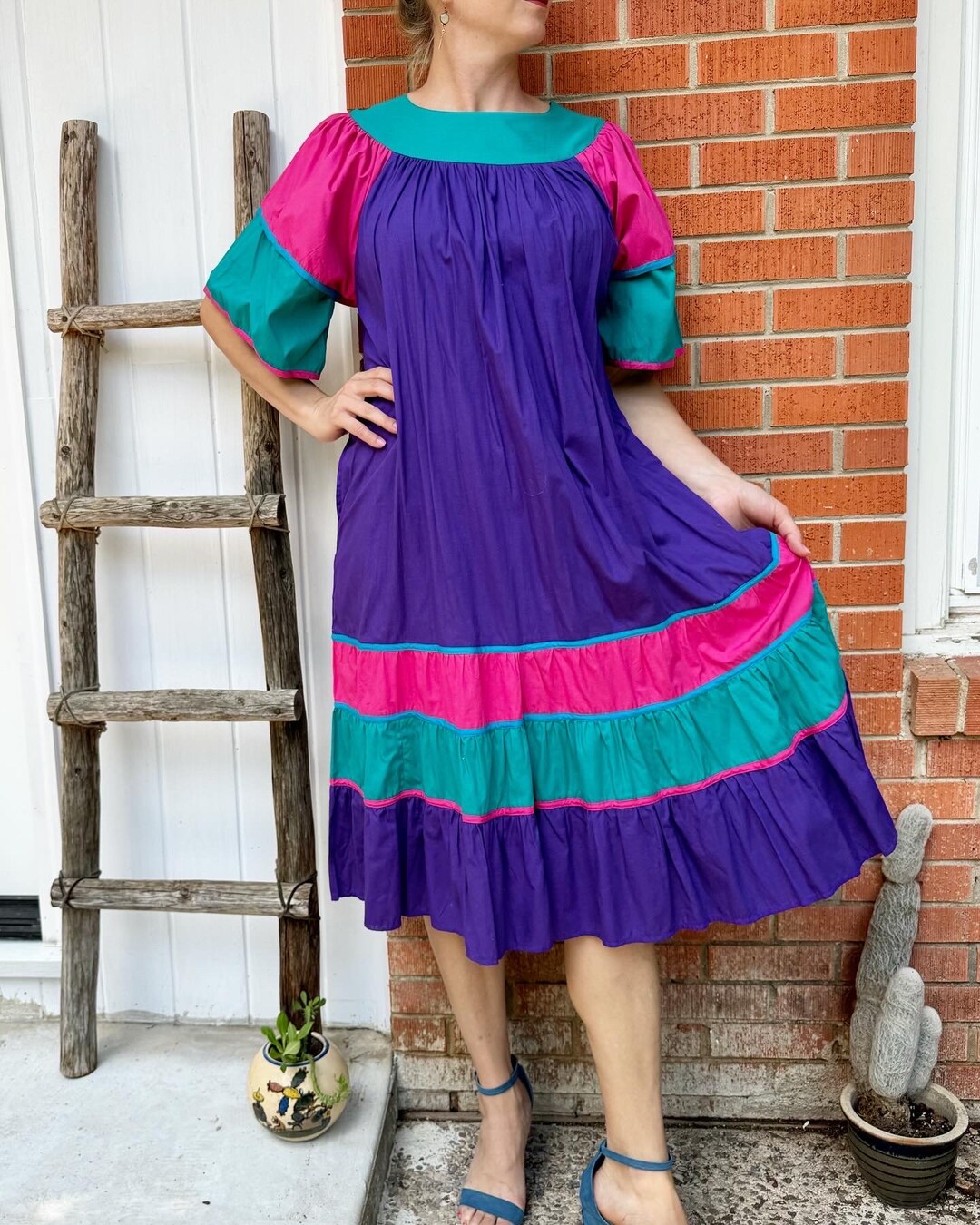 Vintage Go Softly Cotton Bright Mumu Summer Dress. Teal Purple Pink ...