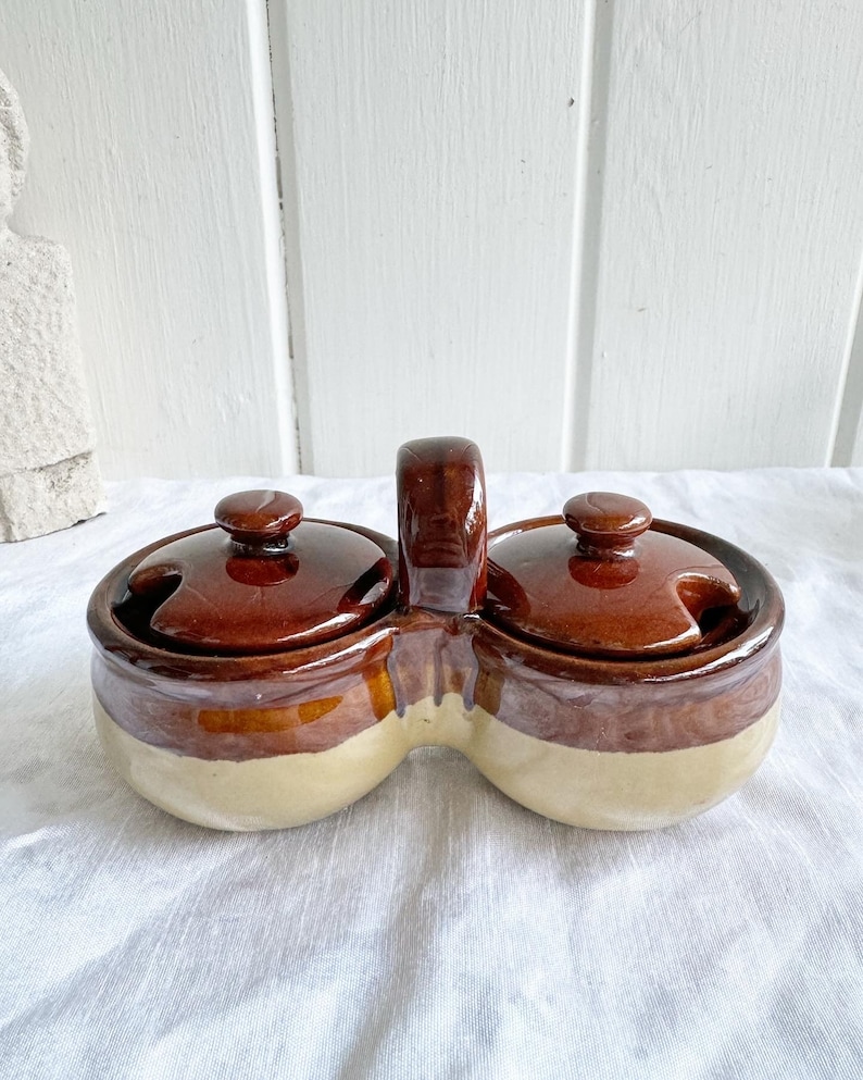 Vintage Stoneware Brown Condiment Jar With Lids. Salt and Pepper Pig ...