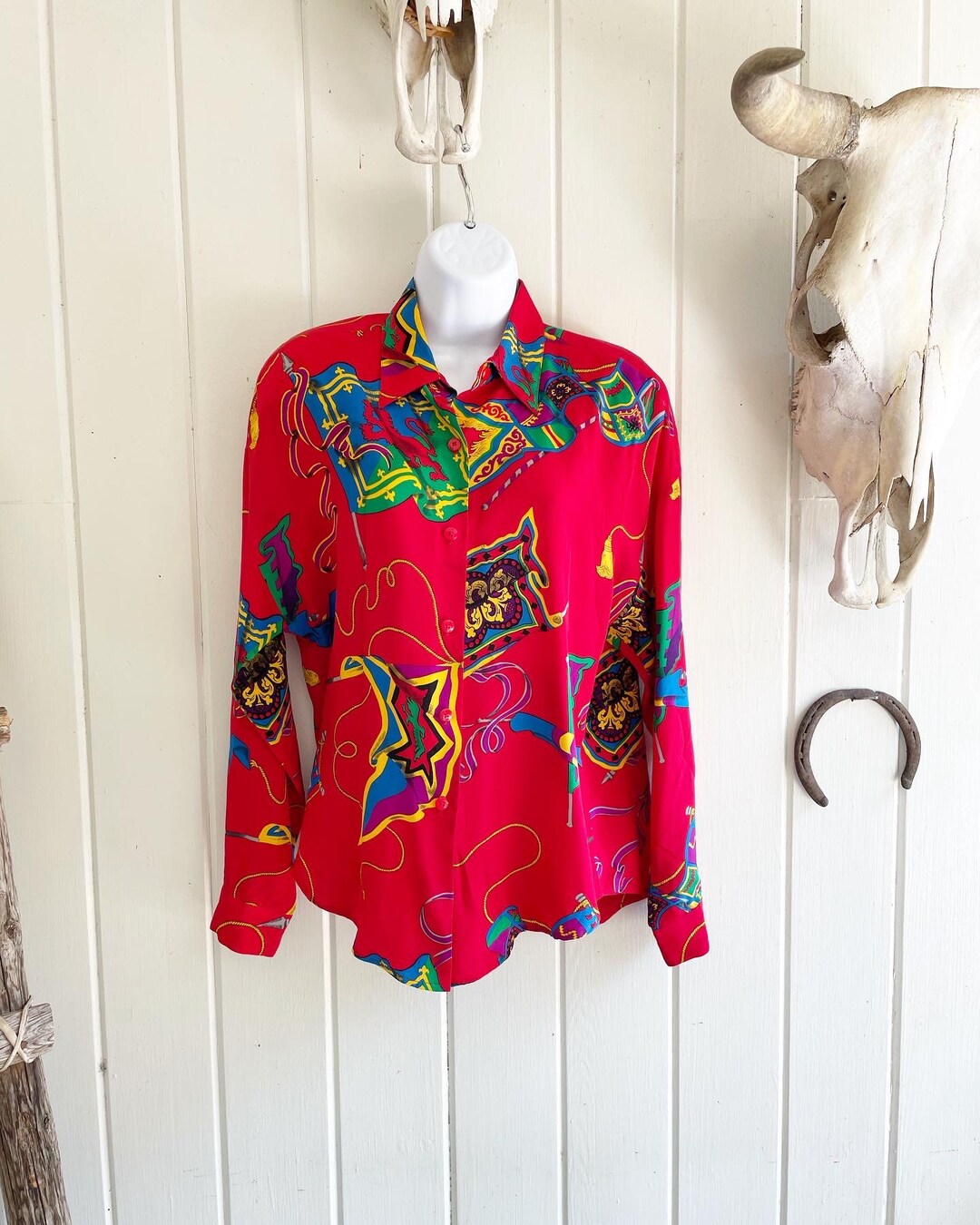 Vintage 1990’s Linda Allard Ellen Tracy Heraldic Flag Silk Button Down ...