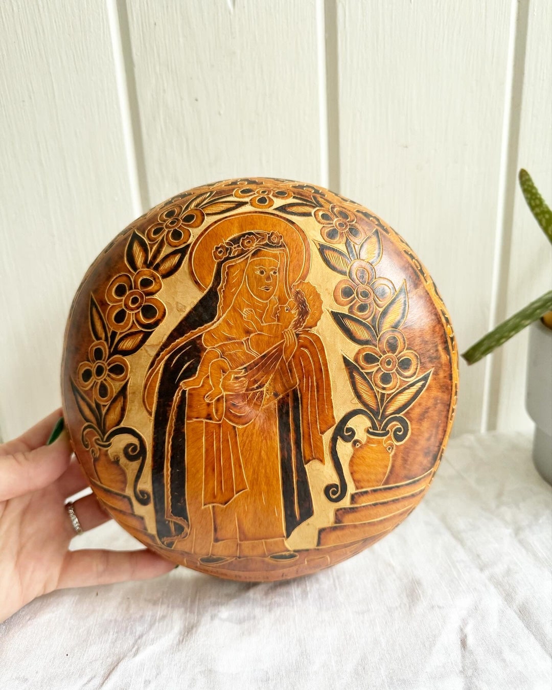 Vintage Hand Carved Half Gourd. Santa Rosa De Lima Mary and Jesus Gourd ...