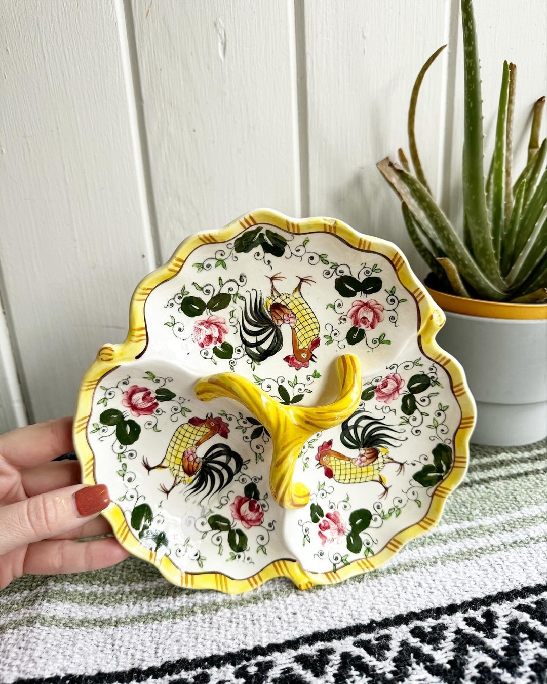 Vintage Early Provincial Roosters & Roses 3-sec Pickles and Olives ...