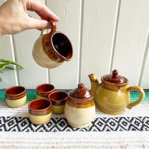 Vintage Three Toned Brown Tea Set With Pitcher, Sugar, Creamer, and 4 ...