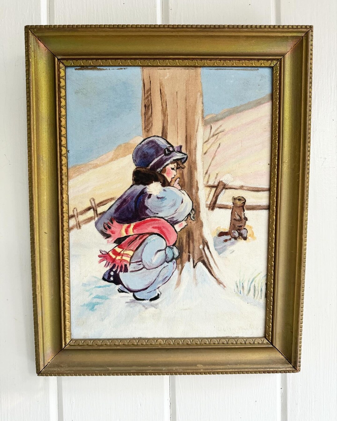Vintage Folk Art Style Original Signed Painting of Children Sneaking up ...