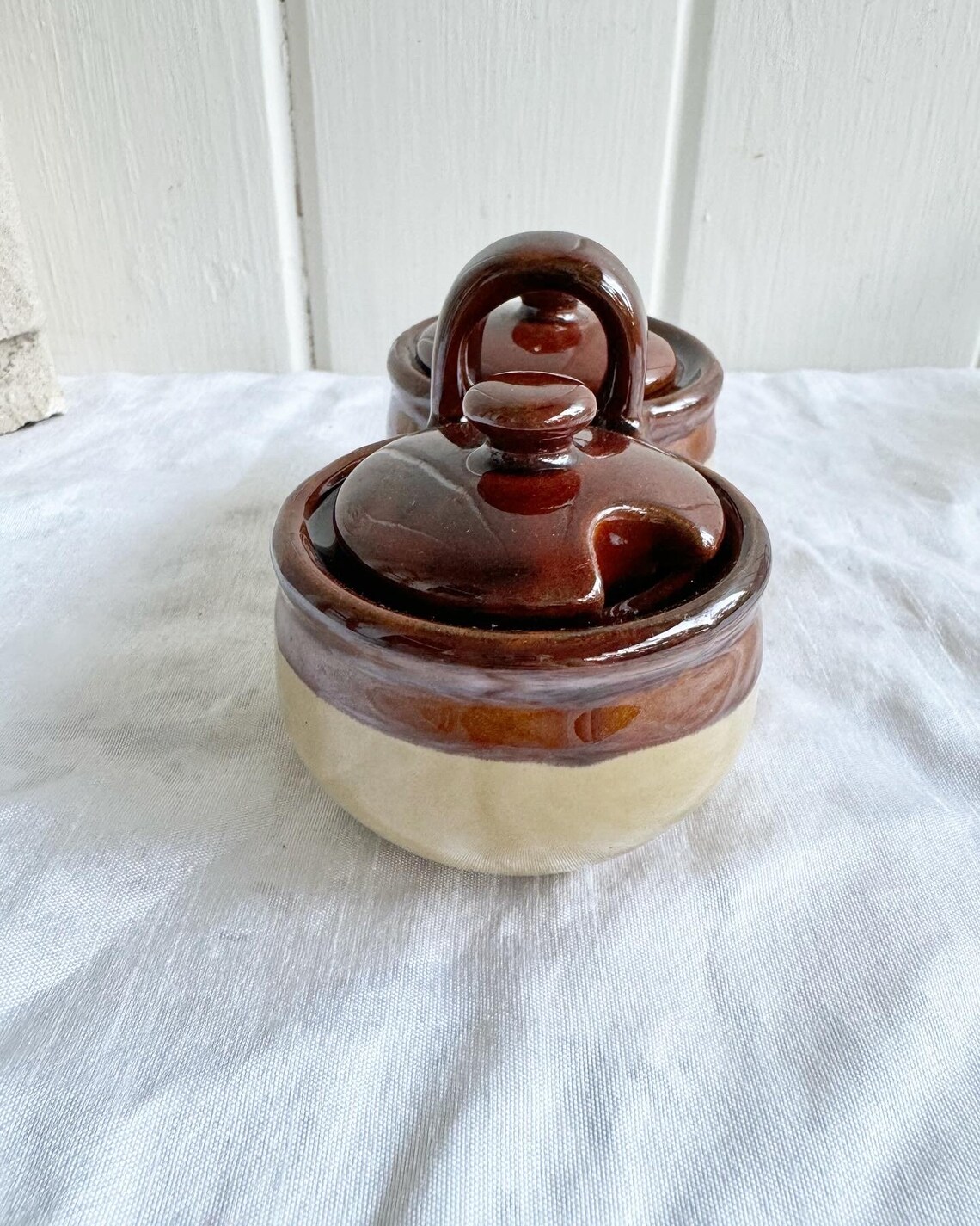 Vintage Stoneware Brown Condiment Jar With Lids. Salt and Pepper Pig ...