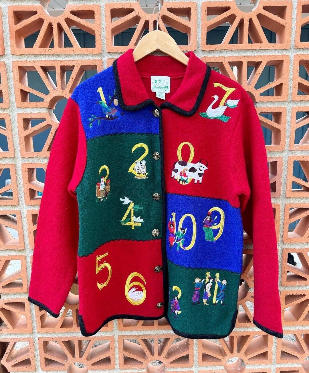 Vintage 12 Days of Christmas Embroidered Wool Cardigan Sweater. Quacker ...